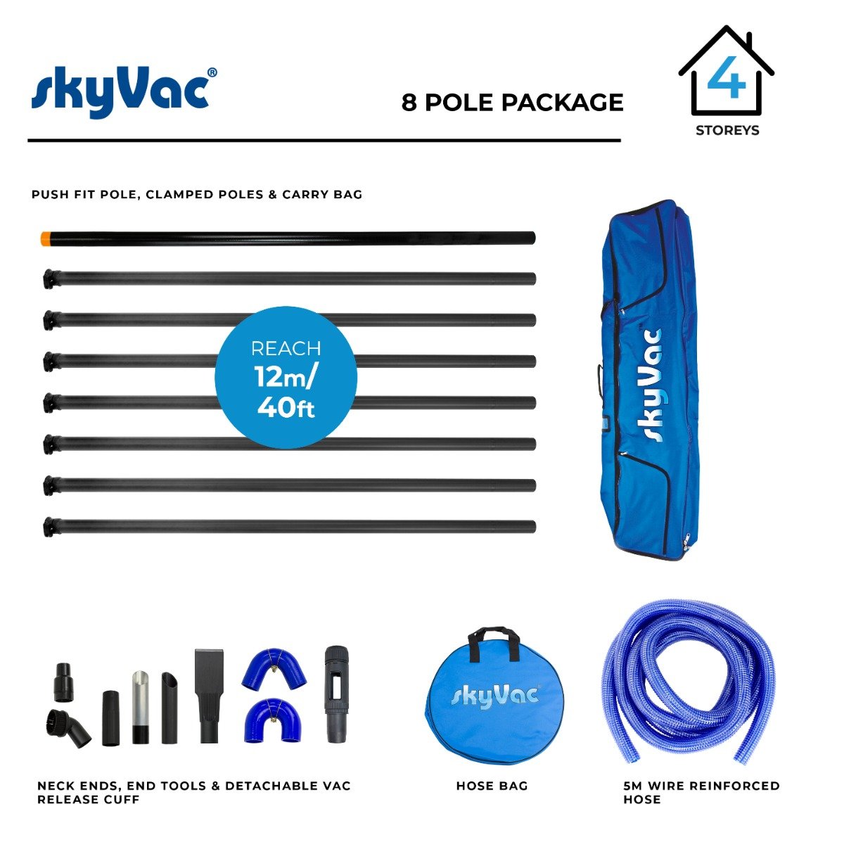 skyVac Premium Clamped Poles - 8x Poles - External Suction Pole Set ...